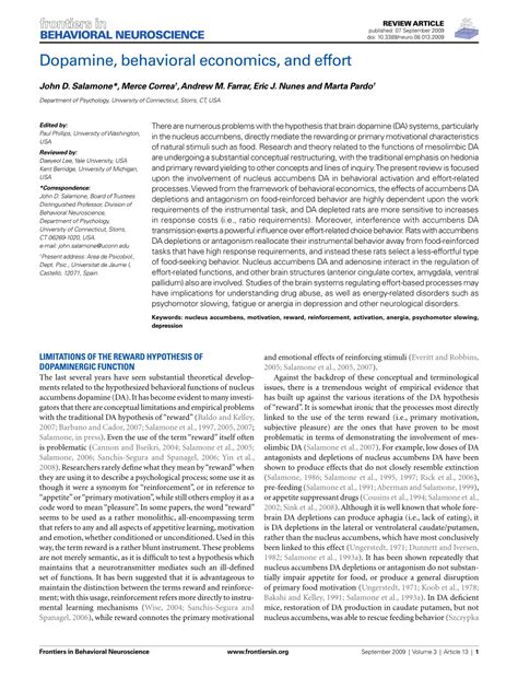 Pdf Dopamine Behavioral Economics And Effort