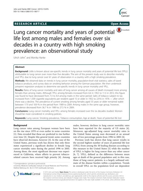 Pdf Lung Cancer Mortality And Years Of Potential Life Lost Among
