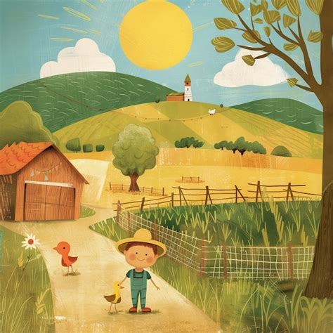 농장 풍경 만화 일러스트레이션 Ai 생성 이미지
