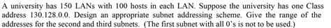 A University Has 150 Lans With 100 Hosts In Each Lan Suppose The