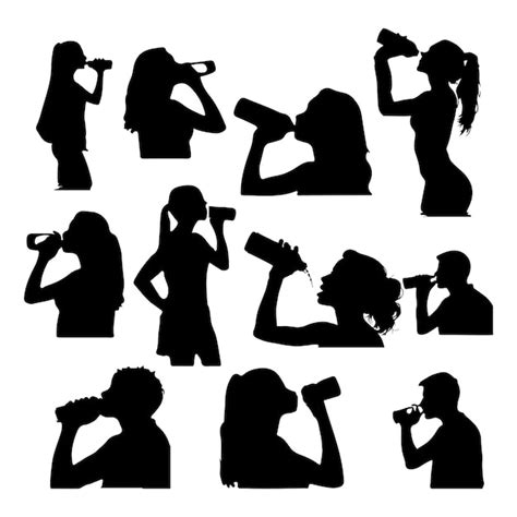 색 배경 에 고립 된 남자 와 여자 의 물 을 마시는 실루 세트 프리미엄 Ai 생성 벡터