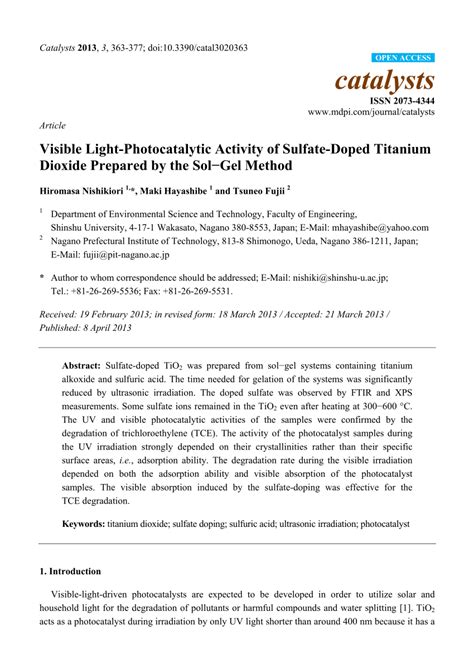 Pdf Visible Light Photocatalytic Activity Of Sulfate Doped Titanium Dioxide Prepared By The