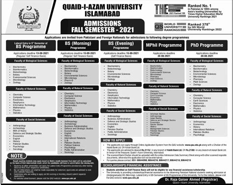 Quaid E Azam University Islamabad Admission Open For Bsundergraduate 2021