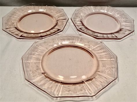 Vintage Blush Pink Floral Etched Depression Glass Dessert Plates Set