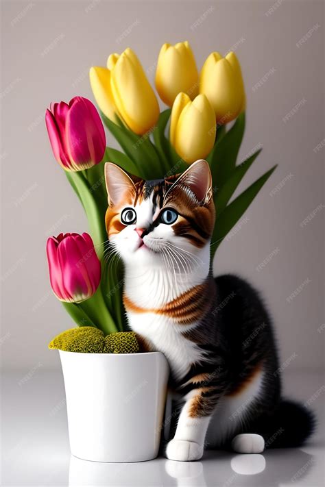 Premium Ai Image Cute Cat Flower And  Box Kitten And Tulp Flower