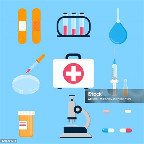 병원 의학 응급 처치 키트 및 실험실 장비 분석 백신 및 치료 사람들 과학 것 평면 스타일 디자인 벡터 일러스트 레이 션 밝은 파란색 배경에 고립 0명에 대한 스톡 벡터