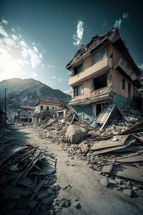 Residential Building Falling Down Due To Earthquake Natural Disaster Catastrophe Stock