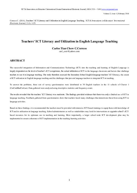 Pdf Teachers Ict Literacy And Utilization In English Language Teaching Ict And Innovations In