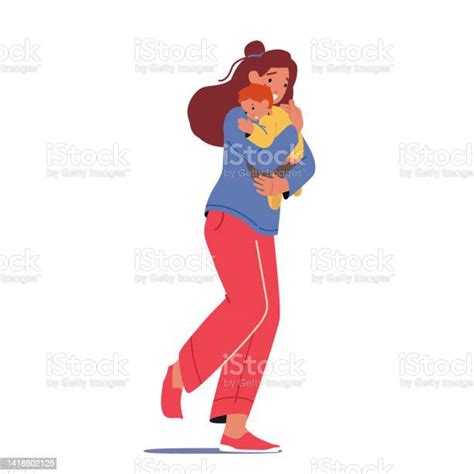 손에 베이를 가진 겁에 질린 여자는 흰색 배경에 고립 된 캐릭터를 실행합니다 전쟁 지역을 탈출하는 아이를 가진 어머니 여자에