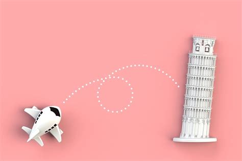가까이를 비행 하는 비행기의 기대 피사 타워 개념 그림 분홍색 배경에 복사 공간 3d 렌더링 보기 가기 모형에 대한 스톡 사진