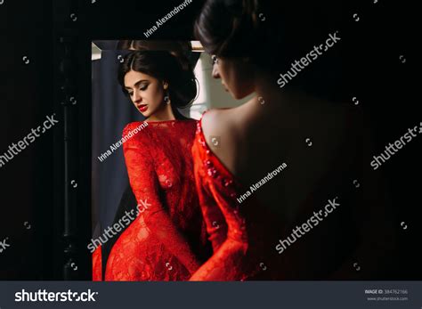 Sexy Vampire Girl Red Dress Stands Stock Photo Shutterstock