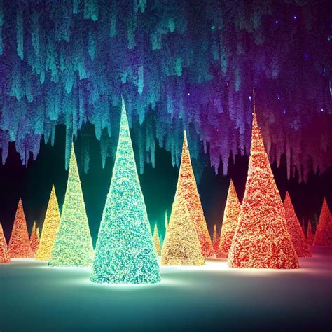 Premium Photo Brightly Lit Christmas Trees In A Row In A Snowy Forest