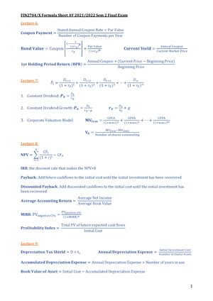 FIN Final Cheatsheet Summary Notes Chapter 1 SP Individual Own