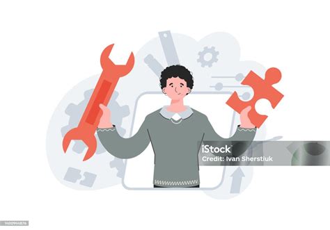 한 남자가 손에 퍼즐을 들고 허리 깊숙이 서 있습니다 기술 지원 프리젠 테이션 사이트를위한 요소 개념에 대한 스톡 벡터 아트 및 기타 이미지 Istock