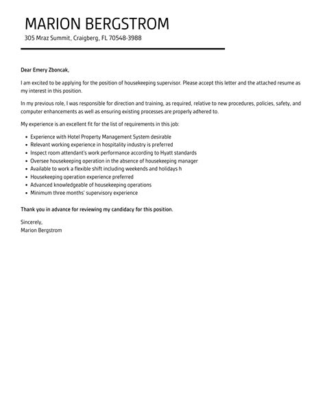 Housekeeping Supervisor Cover Letter Velvet Jobs