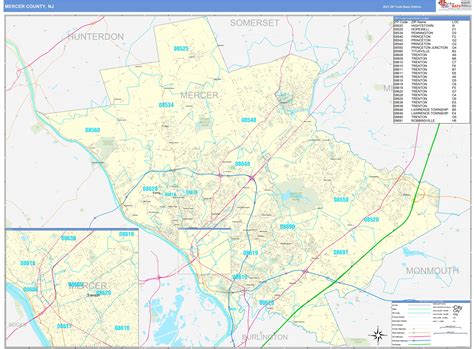 Mercer County Nj Zip Code Wall Map Basic Style By Marketmaps Mapsales
