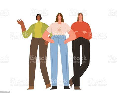 세 명의 젊은 강한 여성들이 함께 서 있습니다 여성 우정 자매애 또는 페미니스트 운동가 소녀의 힘 만화 플랫 벡터 일러스트레이션