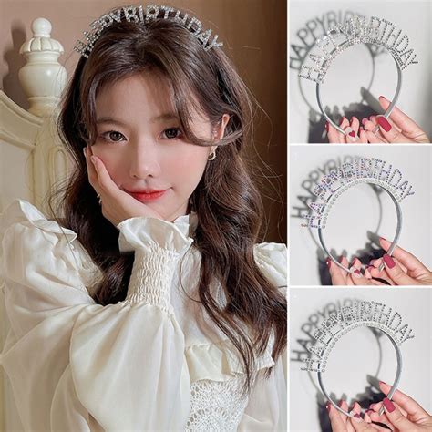 반짝이는 헤어 후프 크리스탈 생일 축하 머리띠 글자 반짝이 헤어밴드 소녀 생일 파티 장식 액세서리 Aliexpress