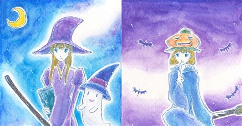 水彩色鉛筆 魔女とおばけちゃん／魔女とコウモリたち 榊エミコ 【幻想オルガン】のイラスト Pixiv