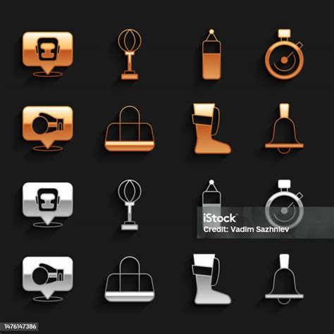 스포츠 가방 스톱워치 권투 벨 권투 신발 장갑 펀칭 헬멧 및 아이콘을 설정합니다 벡터 가죽에 대한 스톡 벡터 아트 및 기타 이미지 Istock
