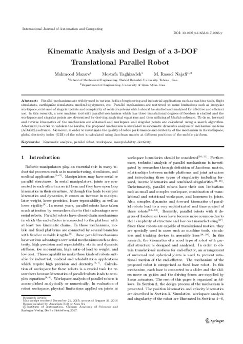 Pdf Kinematic Analysis And Design Of A 3 Dof Translational Parallel Robot