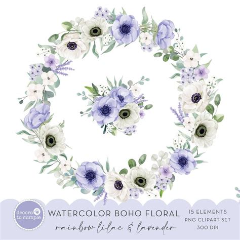 Boho Rainbow Floral Watercolor Lilac And Lavender Digital Clipart Set