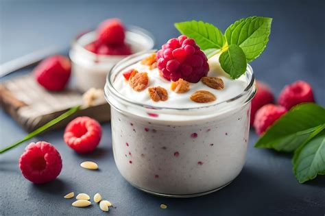 Premium Ai Image A Glass Jar Of Yogurt With Berries And Leaves