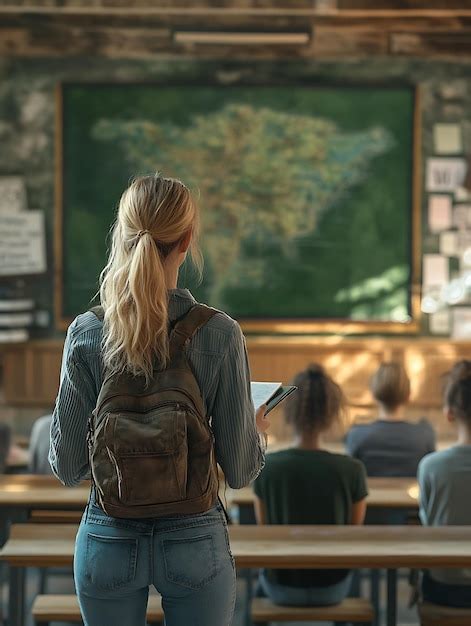 Smiley Teacher In Classroom Premium Ai Generated Image