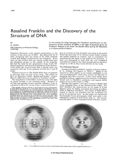 Rosalind Franklin And The Discovery Of The Structure Of Dna Nature