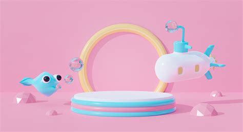 파스텔 배경 추상기하학적 모양의 3d 핑크 포디움과 보트 선박 창조적 인 아이디어는 최소한의 여름 물 물고기와 잠수함 만화 아이 받침대 우승자 제품 모형 디자인을 위한 3d