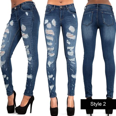 New Ladies Women Blue Black Ripped Skinny Jeans Slim Fit Stretch Denim