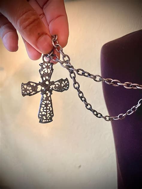 Sale 1980s Unused Gothic Black Metal Cross With 18” Inch Long Chain