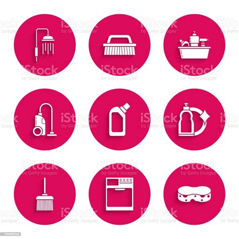 액체 식기 세척 액 와셔 스폰지 손잡이 빗자루 진공 청소기 및 샤워 헤드에 물 방울이 흐르는 아이콘으로 플라스틱 병을 설정합니다