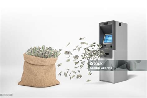 큰 돈 가방의 3d 렌더링 작은 은행 근처 Atm 기계 달러 지폐 그들 사이 비행을 의미 합니다 0명에 대한 스톡 사진 및 기타 이미지 Istock