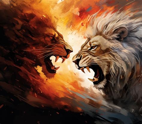 Premium AI Image Painting Of Two Lions Fighting Each Other With Their