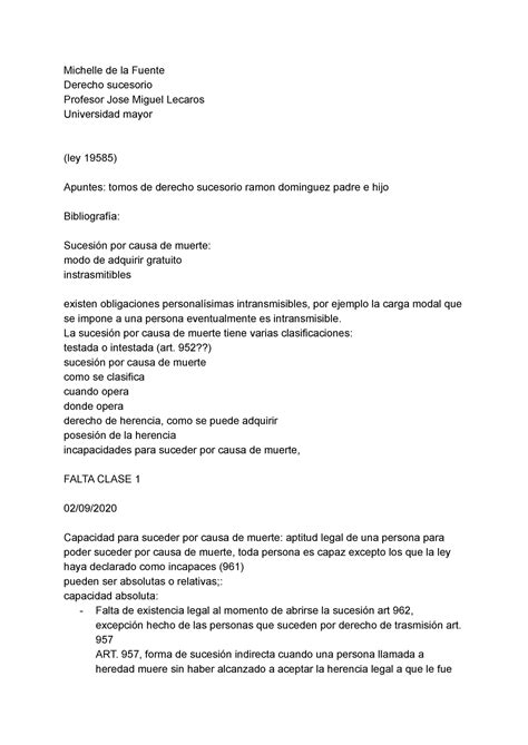 Derecho Sucesorio Apuntes Clases Michelle De La Fuente Derecho