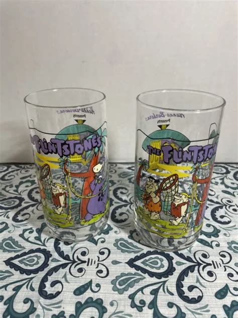 The Flintstones Hanna Barbera 1991 Hardees Set Of 2 Glasses The First