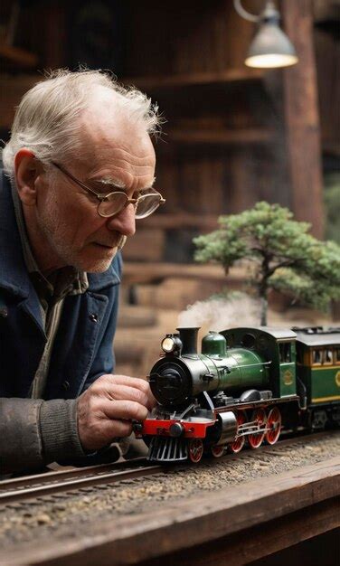 A Man Looking At A Model Train With A Model Train On The Front Premium AI Generated Image
