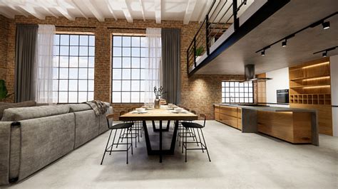 3d 렌더링 인테리어 하우스 현대 오픈 거실 공간 부엌 로프트 스타일 듀플렉스 아파트 레지던스 홈 장식 고급 인테리어 디자인입니다 0명에 대한 스톡 사진 및 기타 이미지