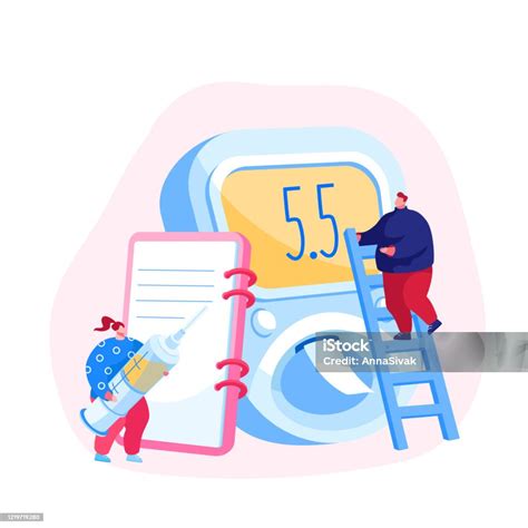 혈액 당뇨병 개념에 높은 설탕 수준을 가진 작은 문자 인슐린 주사와 질병 치료 문제 인식 및 검사 장비 또는 다이어트 제어 만화