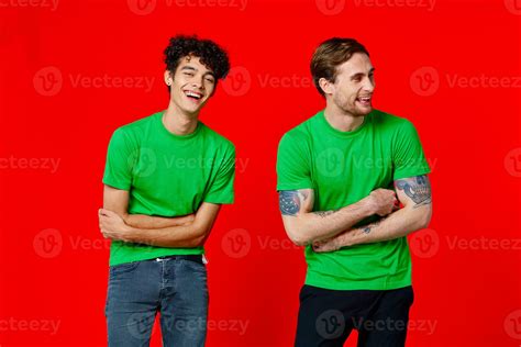 Two Man Holding His Neck Emotions Discontent Red Background 23687894