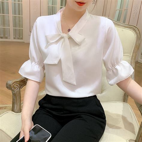 Plus Size Women Blouse New Korean Style Plus Size Bow Princess Sleeve