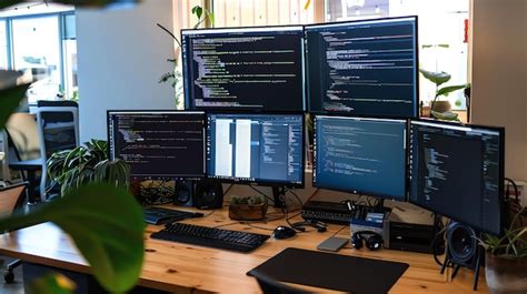 A Desk With Multiple Monitors Displaying Code With A Keyboard Mouse And