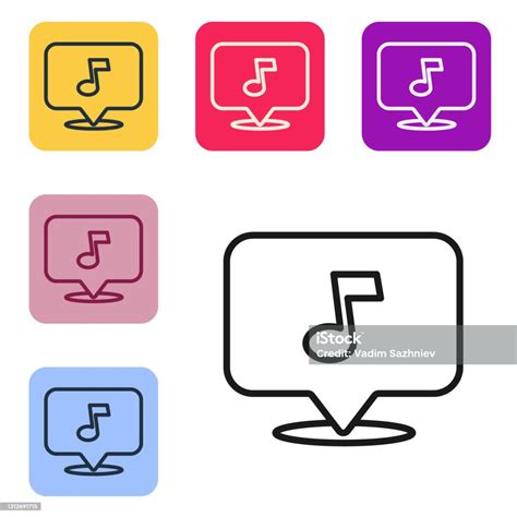 黑線音樂音符在白色背景上隔離的音調圖示設置彩色方形按鈕中的圖示向量向量圖形及更多互聯網圖片 互聯網 低音樂器 低音結他 Istock