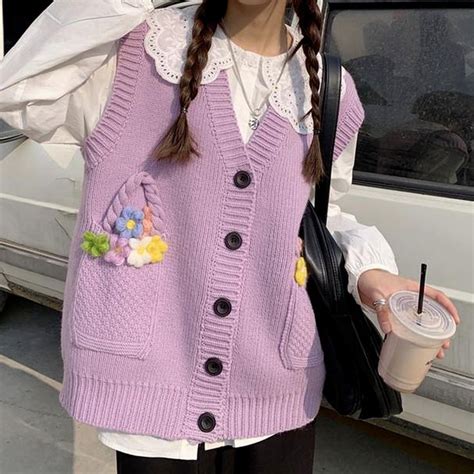 Woherb Kawaii Cute Sweater Vest Women Flower Print Korean Style Preppy