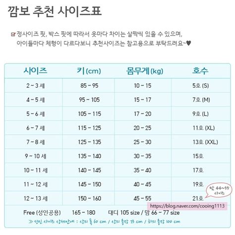 남대문 아동복 브랜드별 사이즈표 모음 네이버 블로그