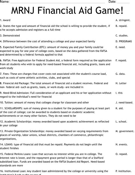Mrnj Financial Aid Game Worksheet Wordmint Worksheets Library