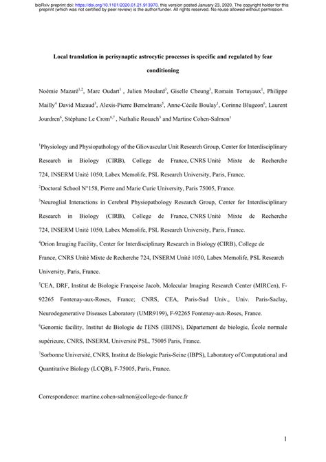 Pdf Local Translation In Perisynaptic Astrocytic Processes Is Specific And Regulated By Fear