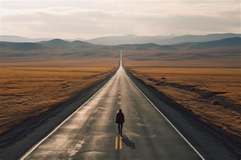 Premium Ai Image A Man Walking On An Empty Road In The Middle Of The