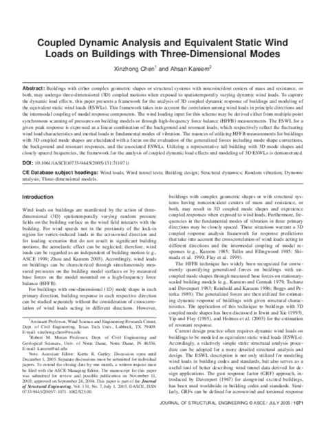 Pdf Coupled Dynamic Analysis And Equivalent Static Wind Loads On Buildings With Three